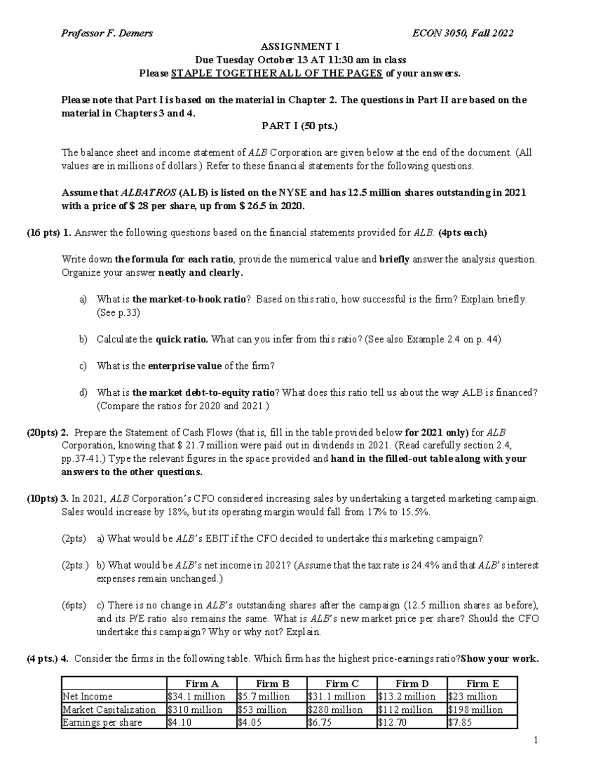 Assignment 1-3050-Fall-2022 - Professor F. Demers ECON 3050, Fall 2022 ASSIGNMENT I Due Tuesday ...