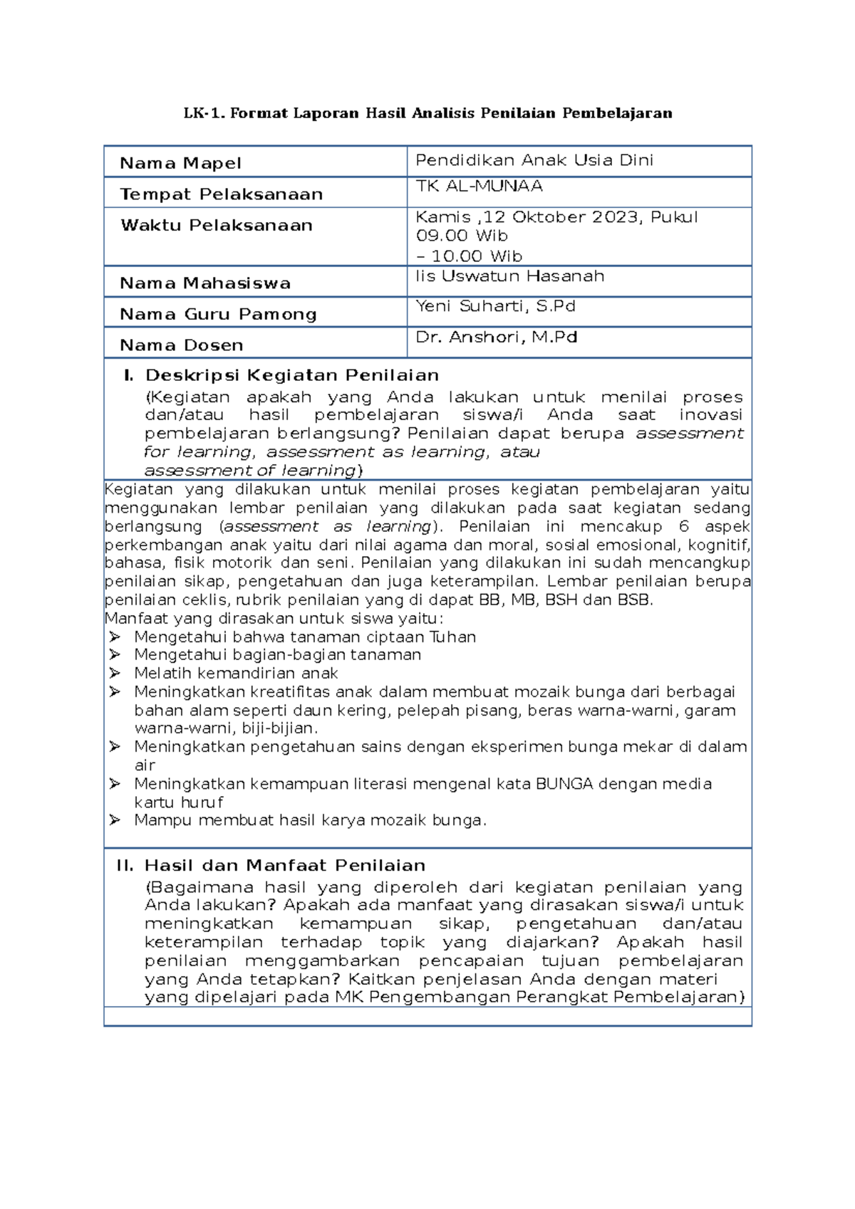 LK 1 PPL. Format Hasil Assessment Iis Uswatun Hasanah - LK-1. Format ...