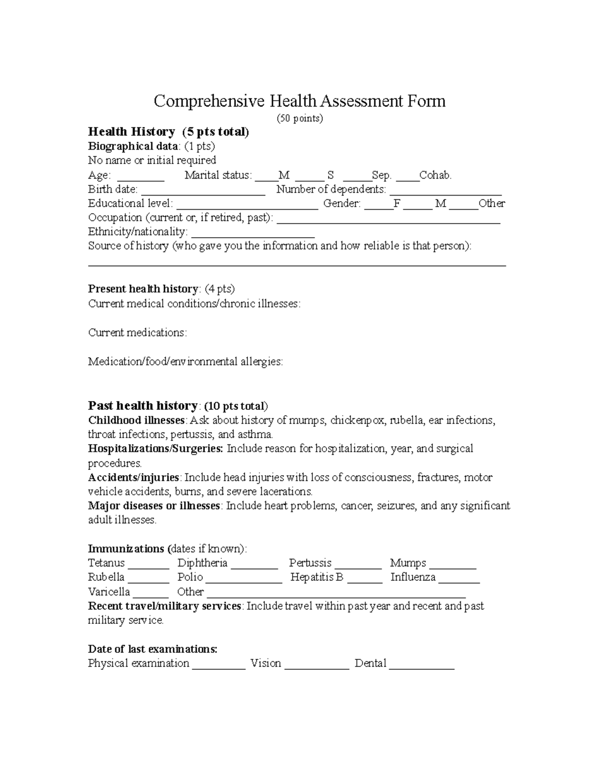 Comprehensive Health History Form - Comprehensive Health Assessment ...