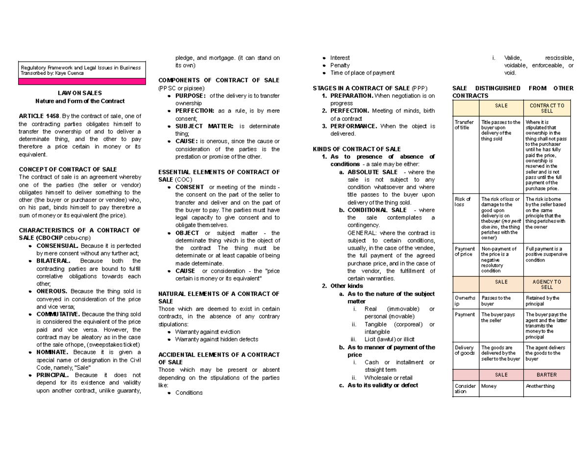 RFBT LAW ON SALE Notes - LAW ON SALES Nature and Form of the Contract ...