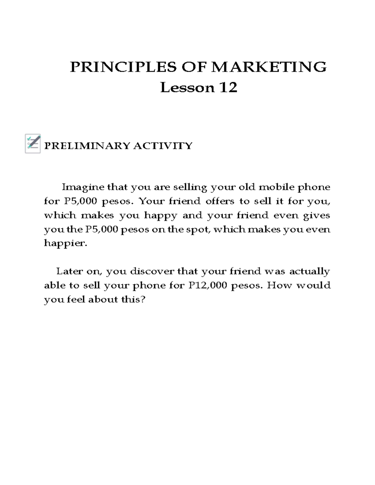 Activityin Marketing - lesson 12 - PRINCIPLES OF MARKETING Lesson 12 ...