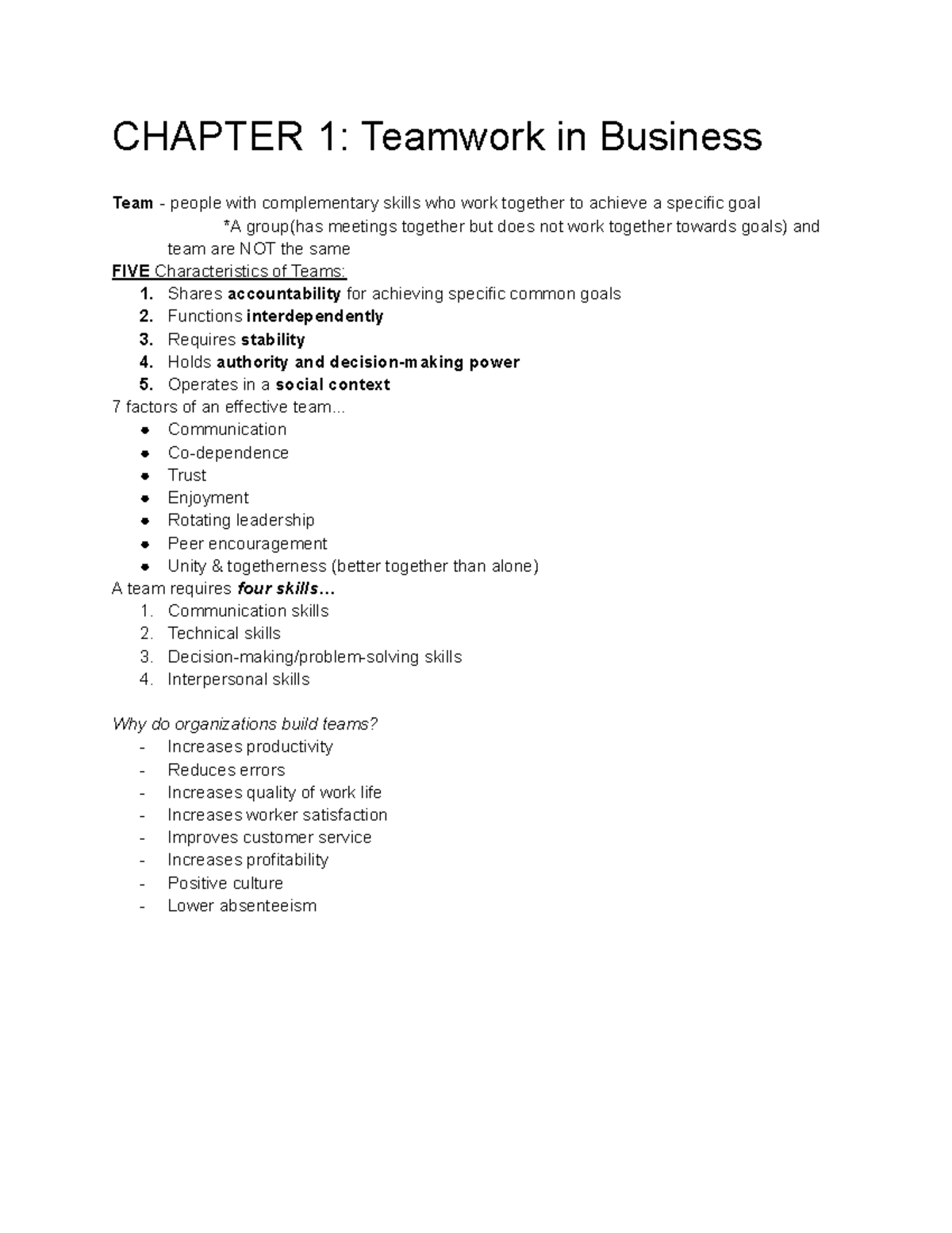 UNIT 1 review: ch. 1-5 textbook notes - CHAPTER 1: Teamwork in Business ...