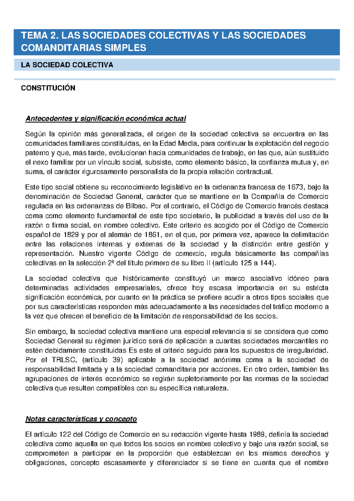 Tema 2 completo - Tema 2 resumido de derecho de sociedades - TEMA 2. LAS SOCIEDADES COLECTIVAS Y ...