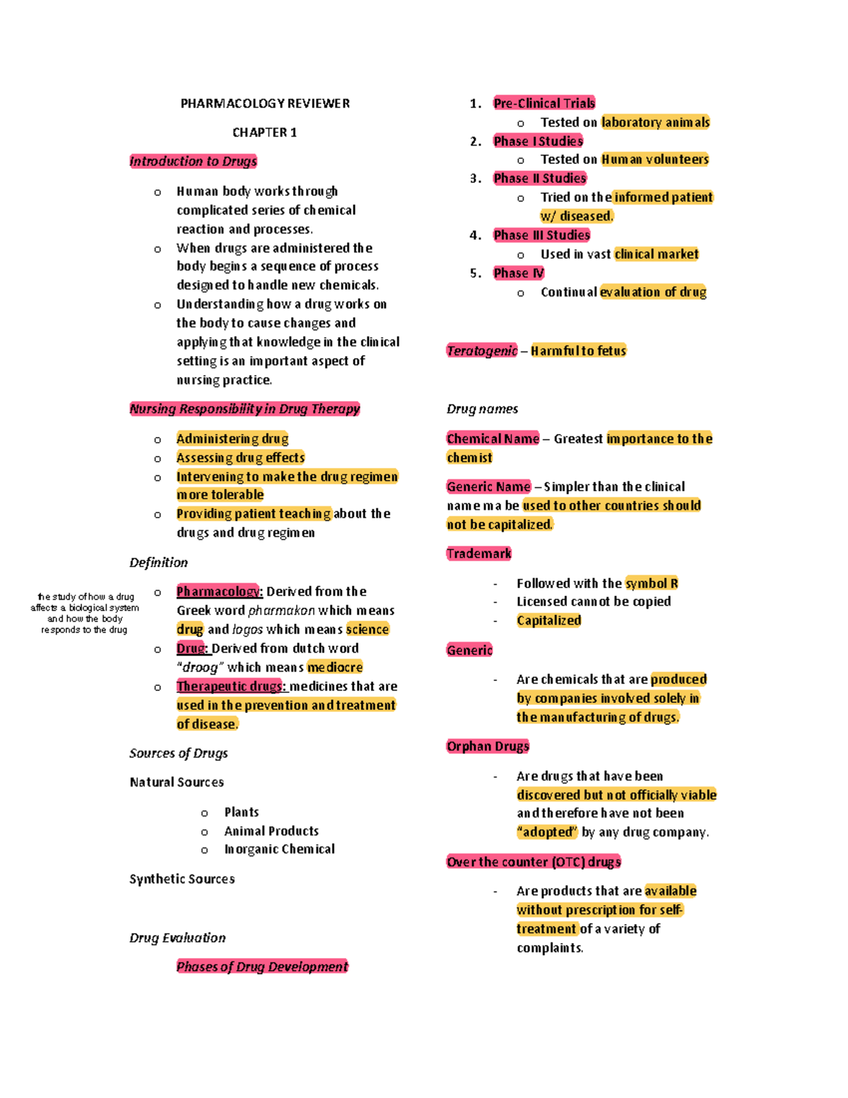 Pharmacology Reviewer edited na - PHARMACOLOGY REVIEWER CHAPTER 1 ...