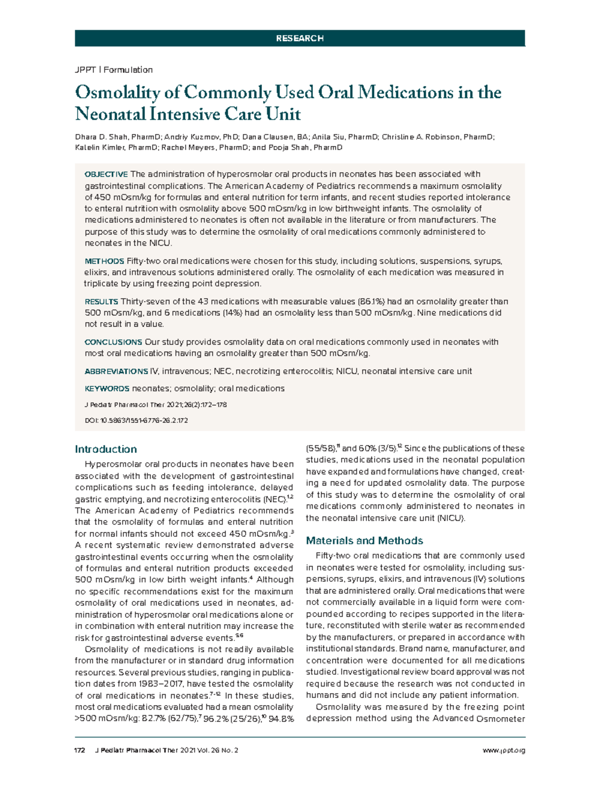 Pharmaceutics article no 2 - 172 J Pediatr Pharmacol Ther 2021 Vol. 26 ...