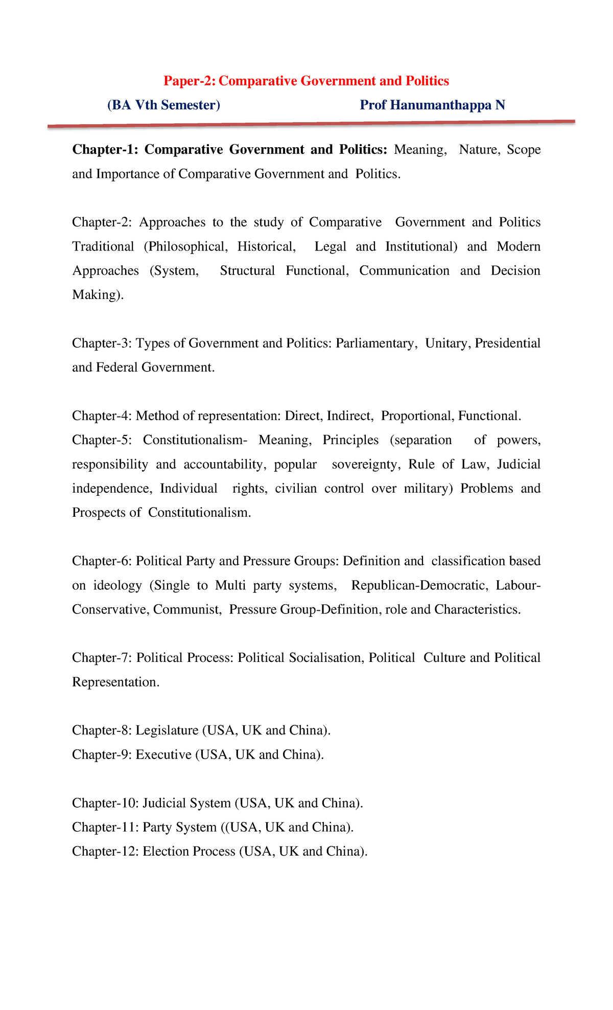 Comparative Government Syllabus - Paper-2: Comparative Government and Politics (BA Vth Semester ...