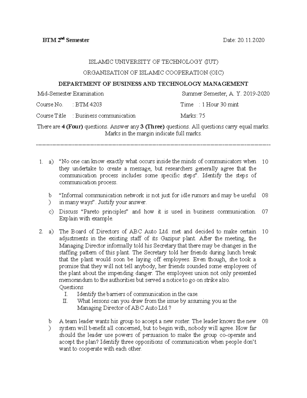 BComm Mid 20 - BTM 2nd Semester Date: 20. ISLAMIC UNIVERSITY OF ...