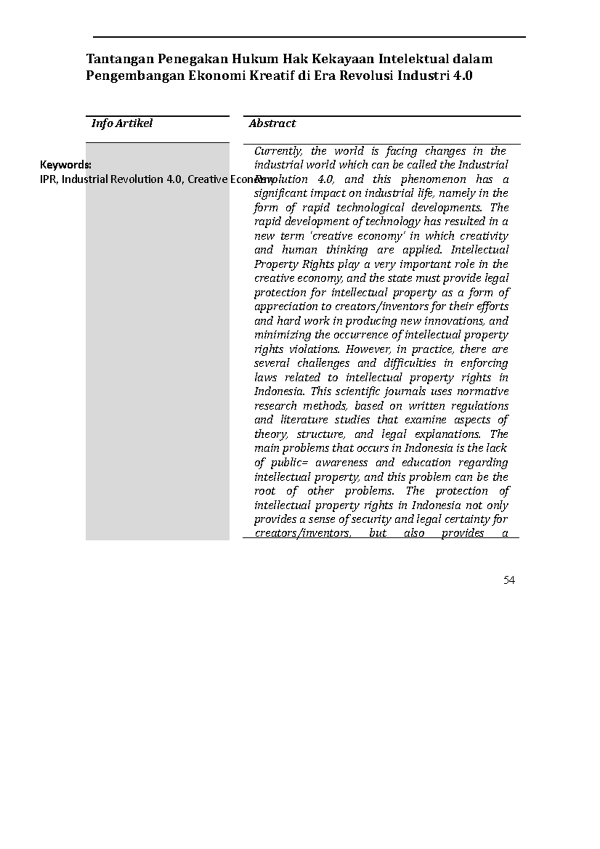 contoh journal pada jurusan ilmu Hukum - Keywords: IPR, Industrial ...