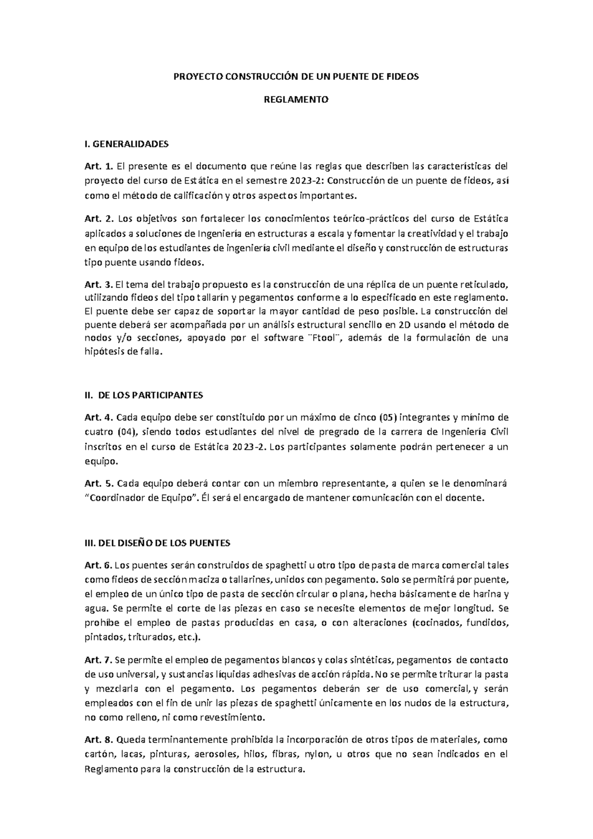 Reglamento Proyecto Estructuras de Fideos - PROYECTO CONSTRUCCI”N DE UN PUENTE DE FIDEOS ...