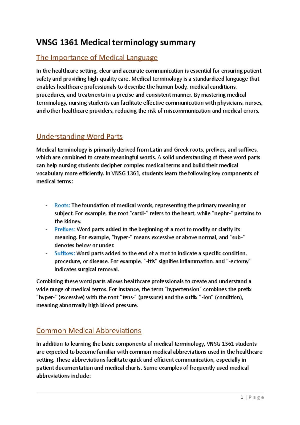 VNSG 1361 Medical terminology summary - VNSG 1361 Medical terminology ...
