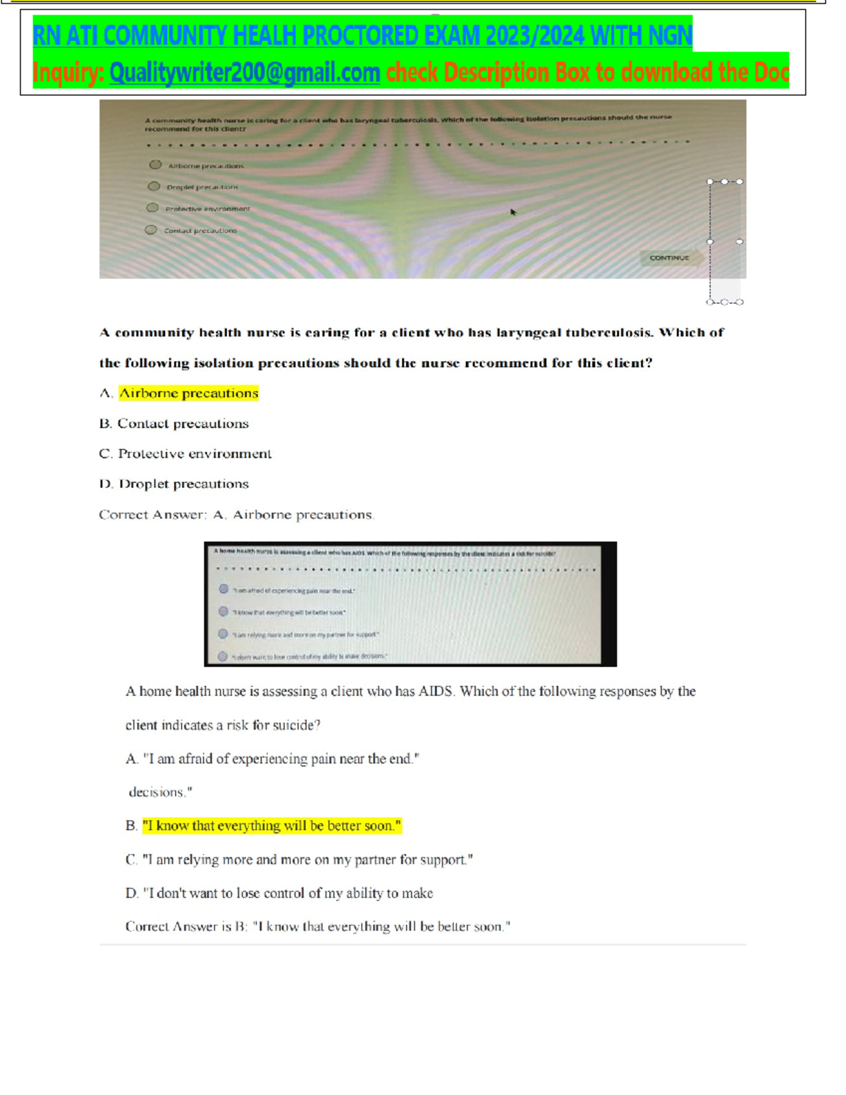 RN ATI Community Health Proctored Exam Screenshots 2023 2024 all 70 NGN ...
