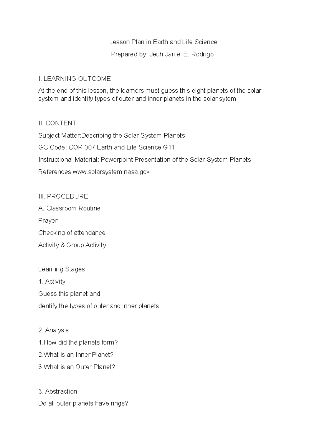 Lesson Plan in Earth and Life Science - Lesson Plan in Earth and Life ...