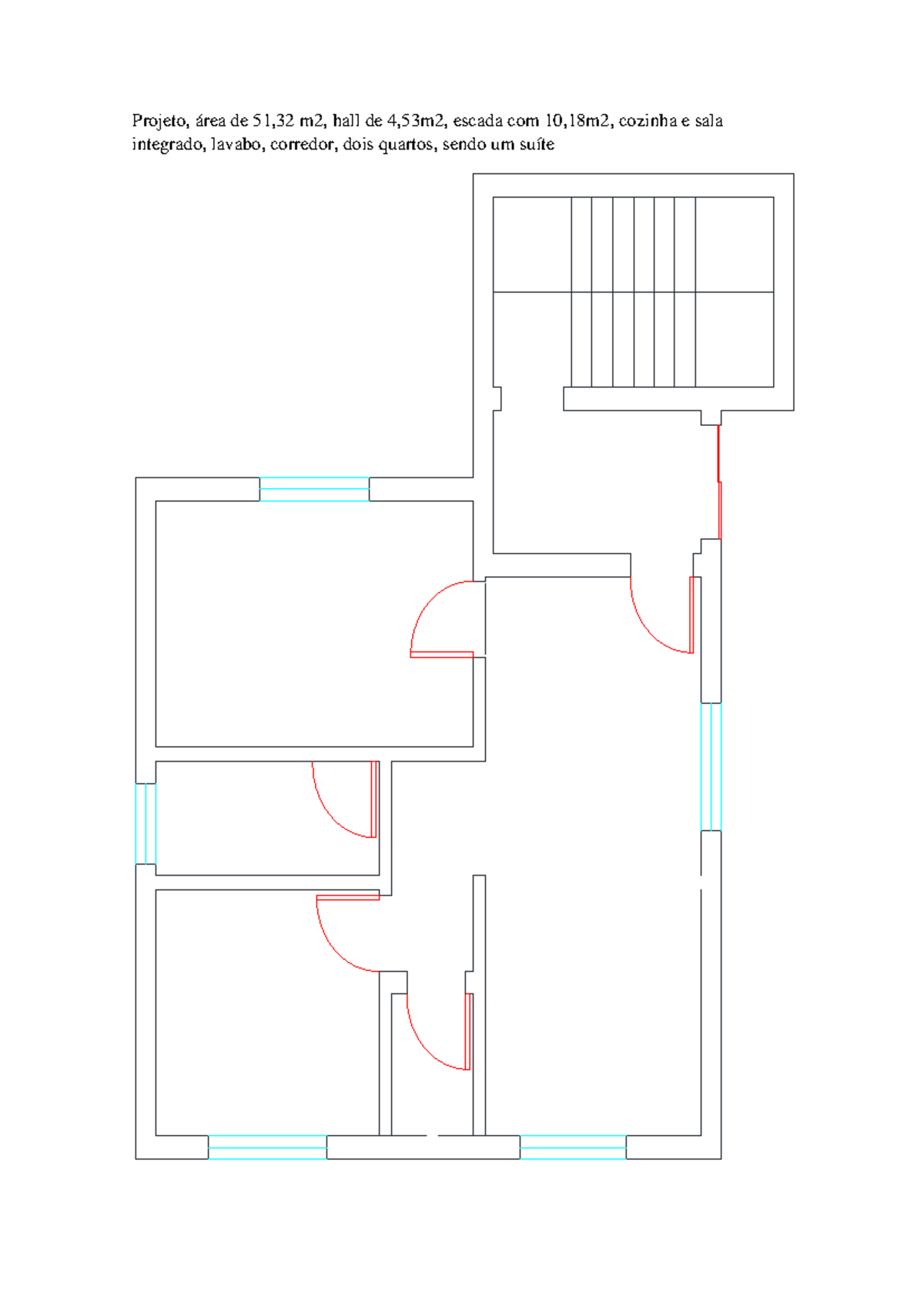 13093 - Exercício - Projeto, área de 51,32 m2, hall de 4,53m2, escada ...