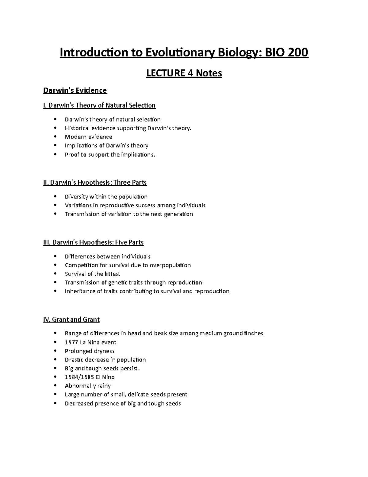 Introduction to Evolutionary Biology BIO 200 Lecture 4 - MY Notes ...