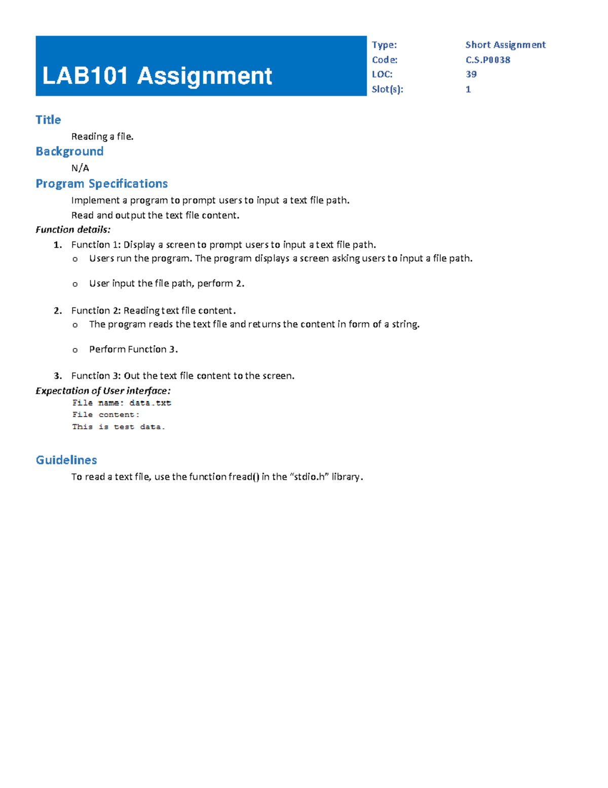C programdfdfdgf - LAB101 Assignment Type: Short Assignment Code: C.S LOC: 39 Slot(s): 1 Title ...