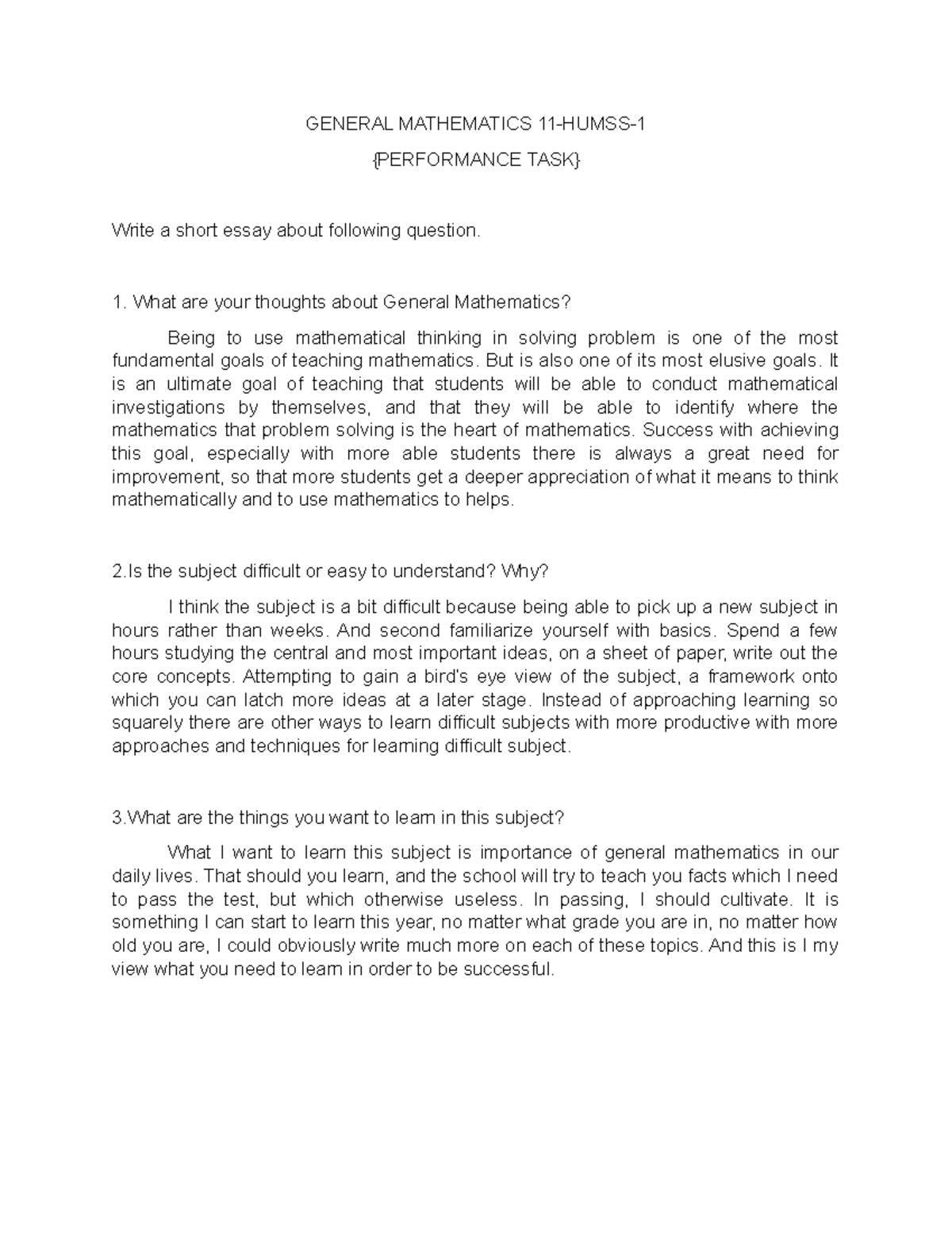 General Mathematics - GENERAL MATHEMATICS 11-HUMSS- {PERFORMANCE TASK ...