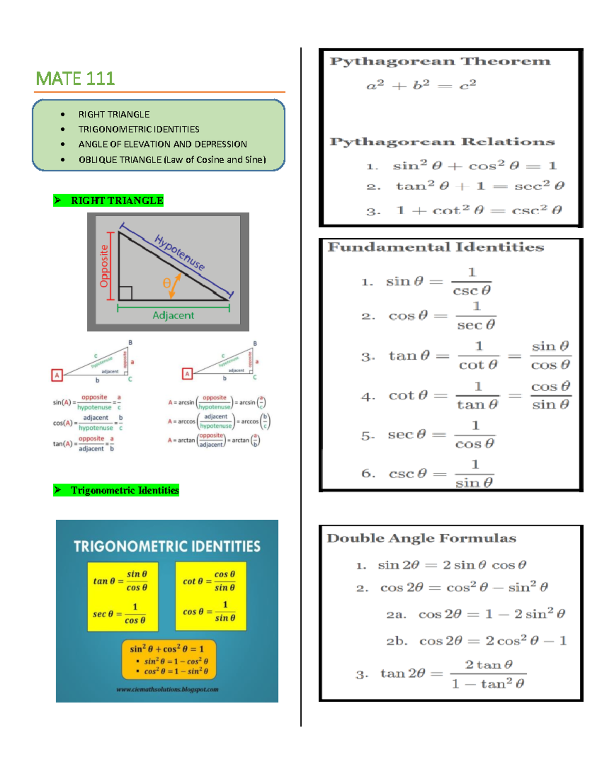 MATE 111 - MATE - MATE 111 RIGHT TRIANGLE Trigonometric Identities ...