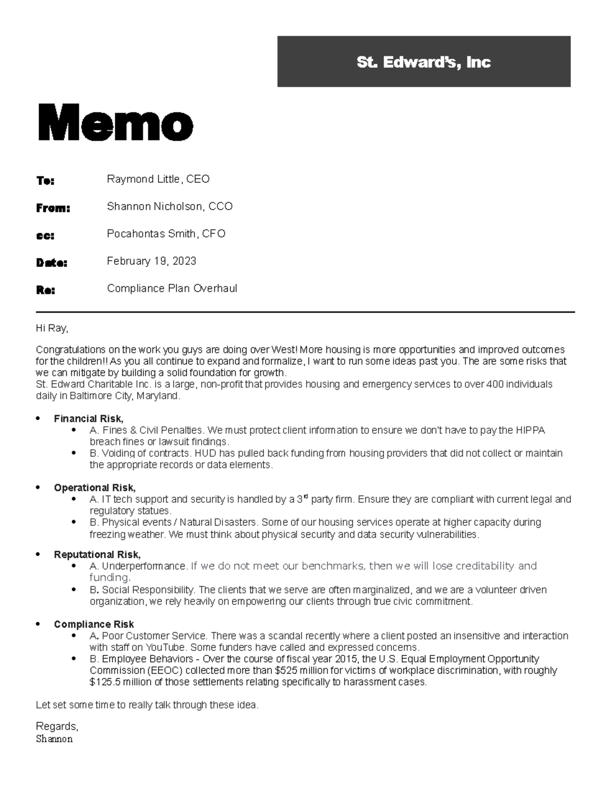 Eat Fresh - Class 1 Capstone risk analysis - St. Edward’s, Inc Memo To ...