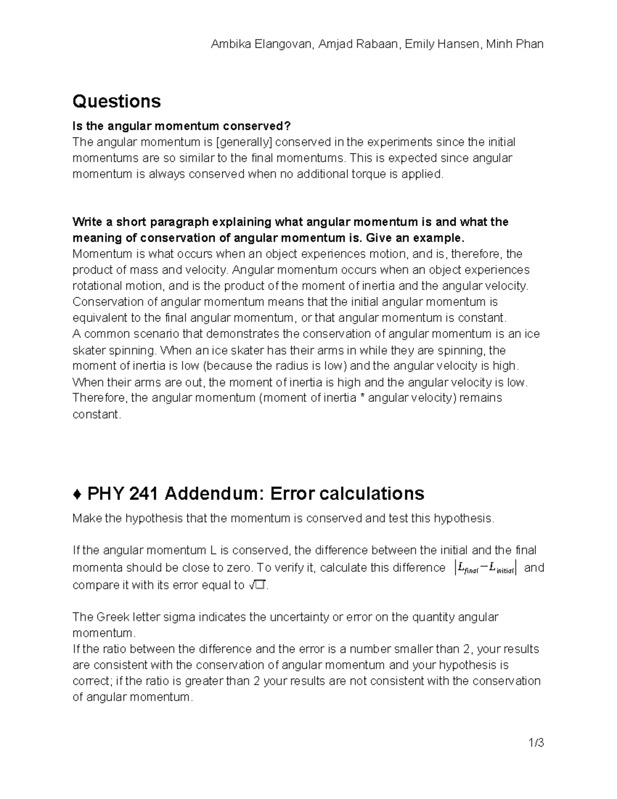 Lab7 Conservation of angular momentum- questions error calculations ...
