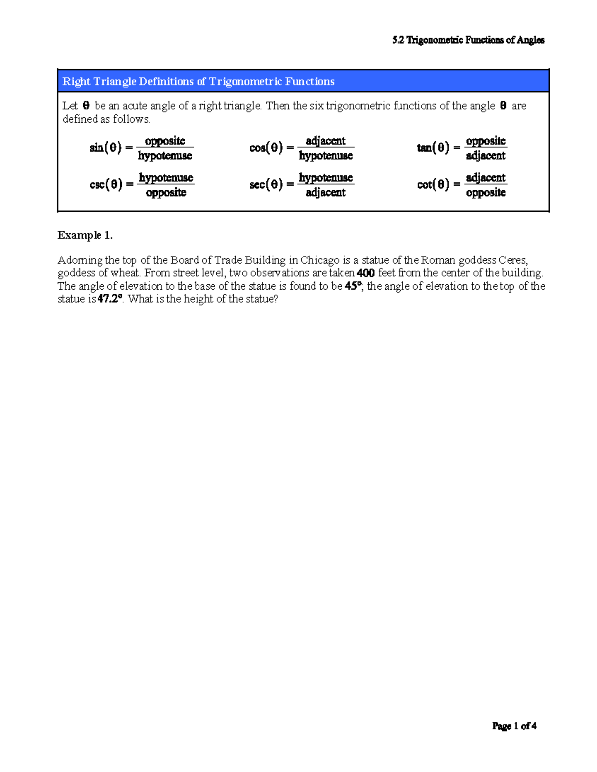 5.2 Trigonometric Functions of Angles - Right Triangle Definitions of ...