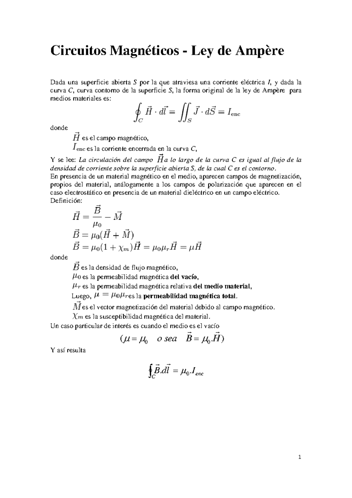 1- Circ Mag- Ley de Ampère - Circuitos Magnéticos - Ley de Ampère Dada una superficie abierta S ...