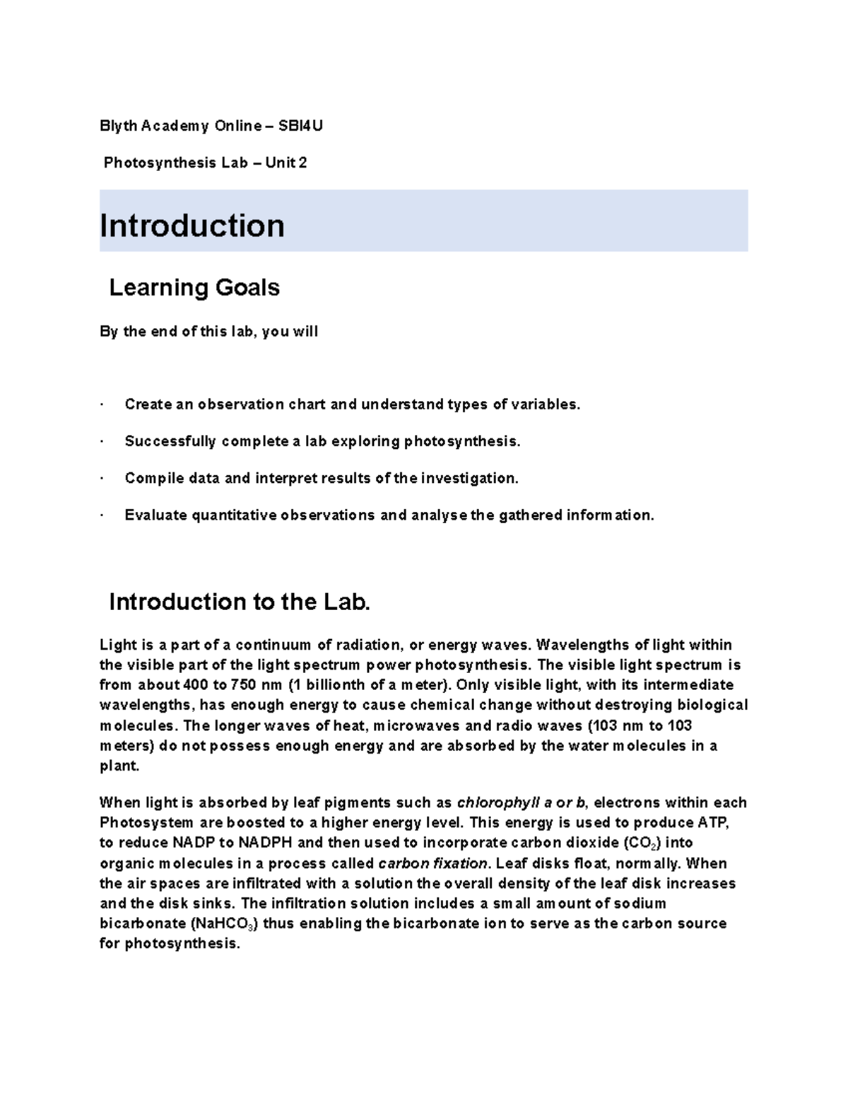 Photosynthesis Lab - Blyth Academy Online – SBI4U Photosynthesis Lab ...