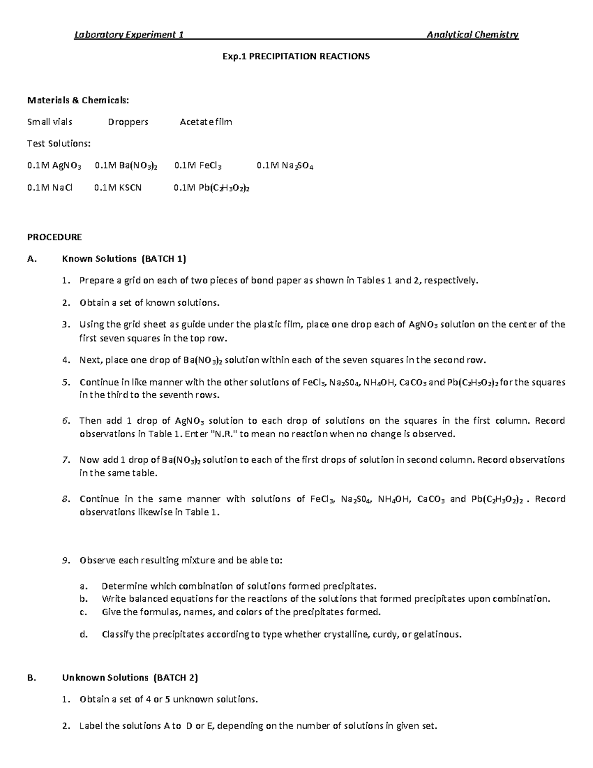 Experiment 1 - Anachem Lab - Laboratory Experiment 1 Analytical ...