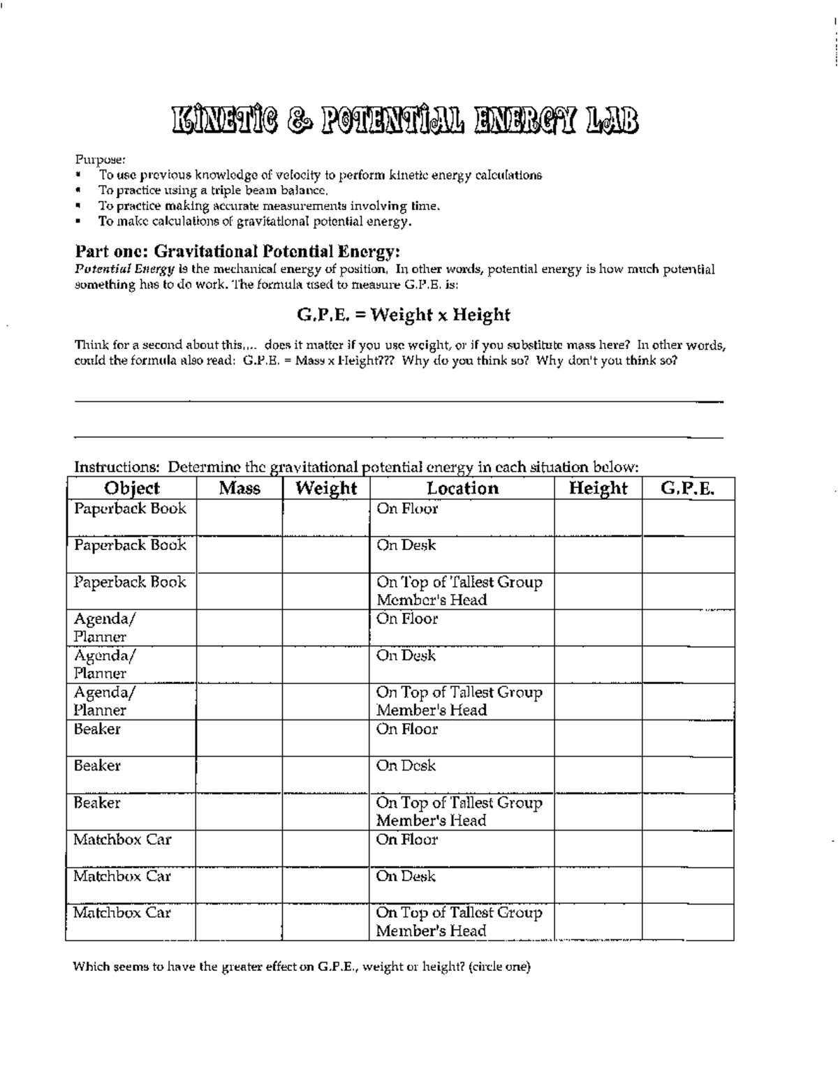 7.P.2.2 Kinetic and Potential Energy Lab - Studocu