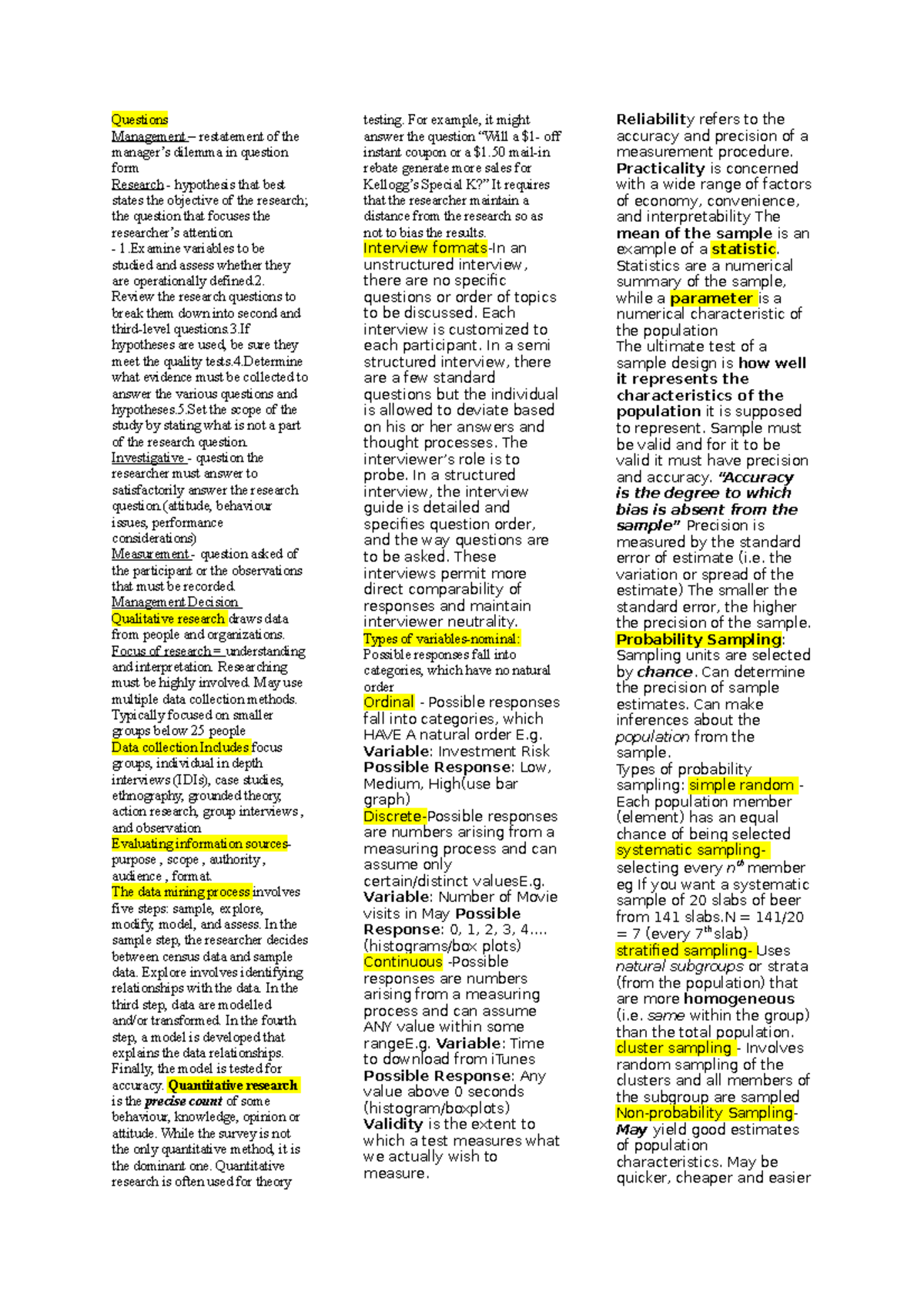 STAT cheat sheet - Questions Management – restatement of the manager’s dilemma in question form ...