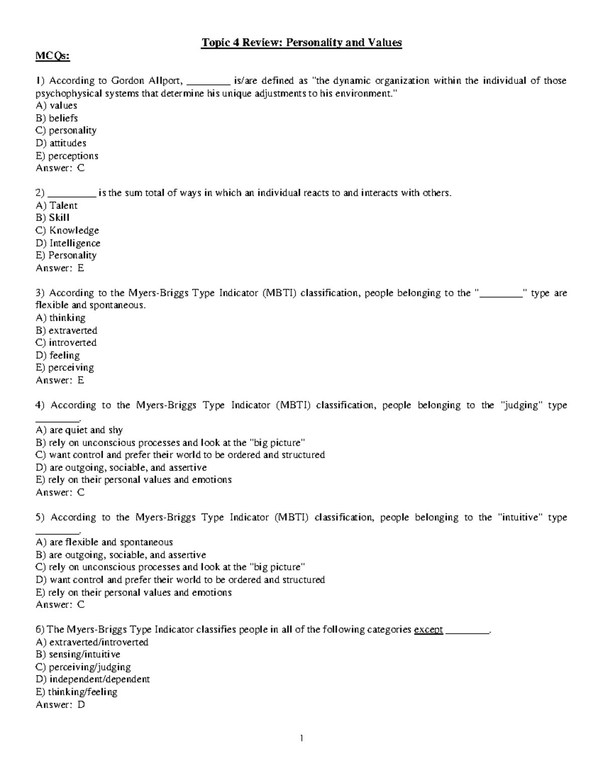 Topic 4 Review - Personality and Values - Topic 4 Review: Personality ...