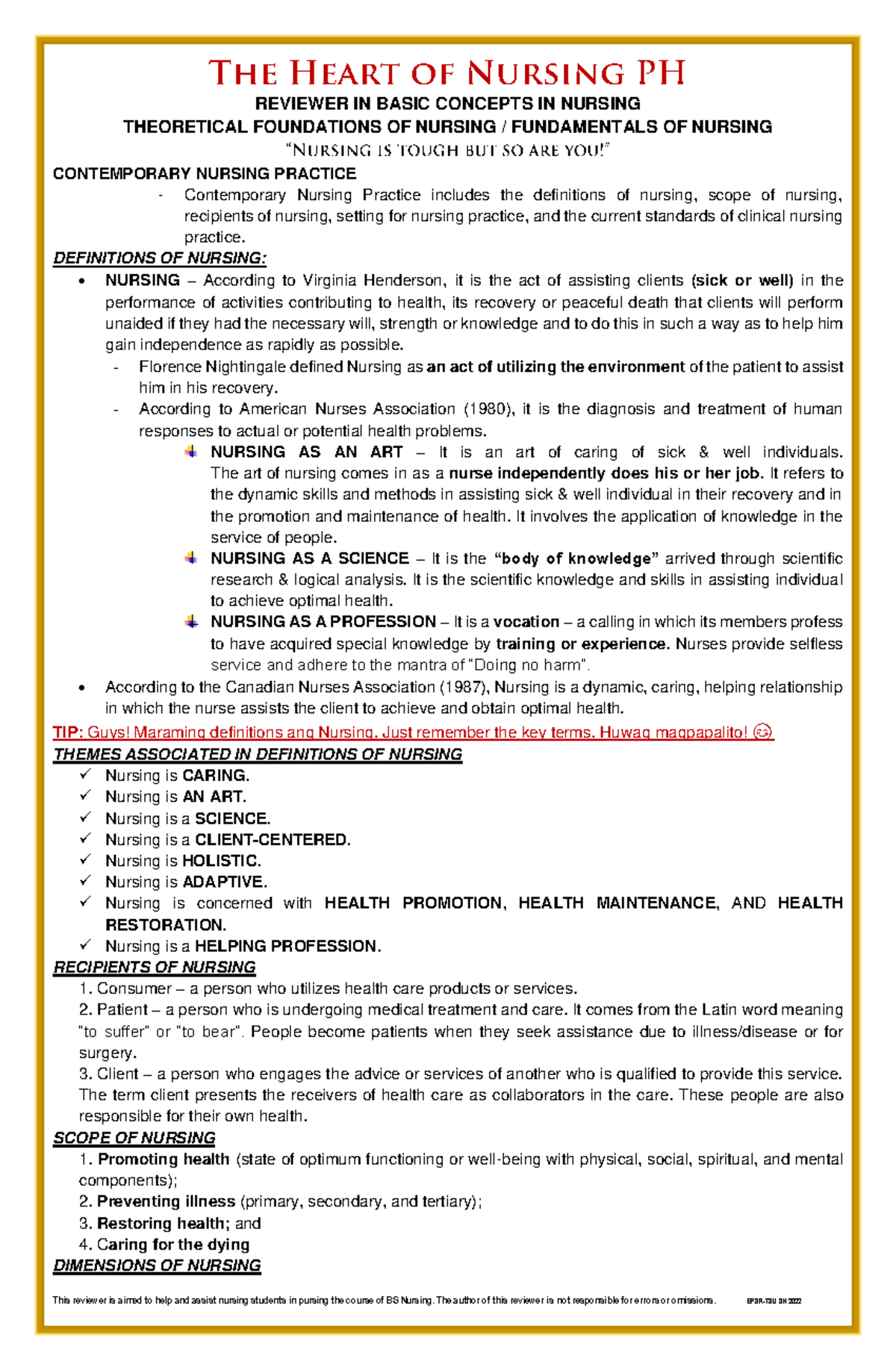 Reviewer IN Basic Concepts OF Nursing The Heart of Nursing PH ...