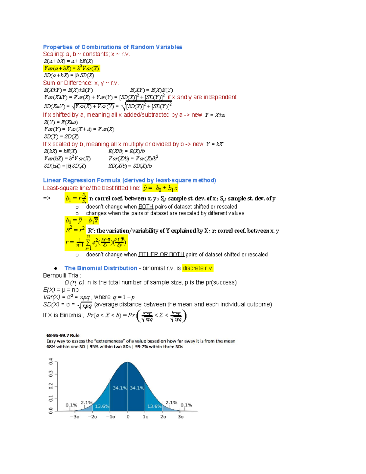 C291 cheat sheet - Midterm - Properties of Combinations of Random Variables Scaling: a, b ...
