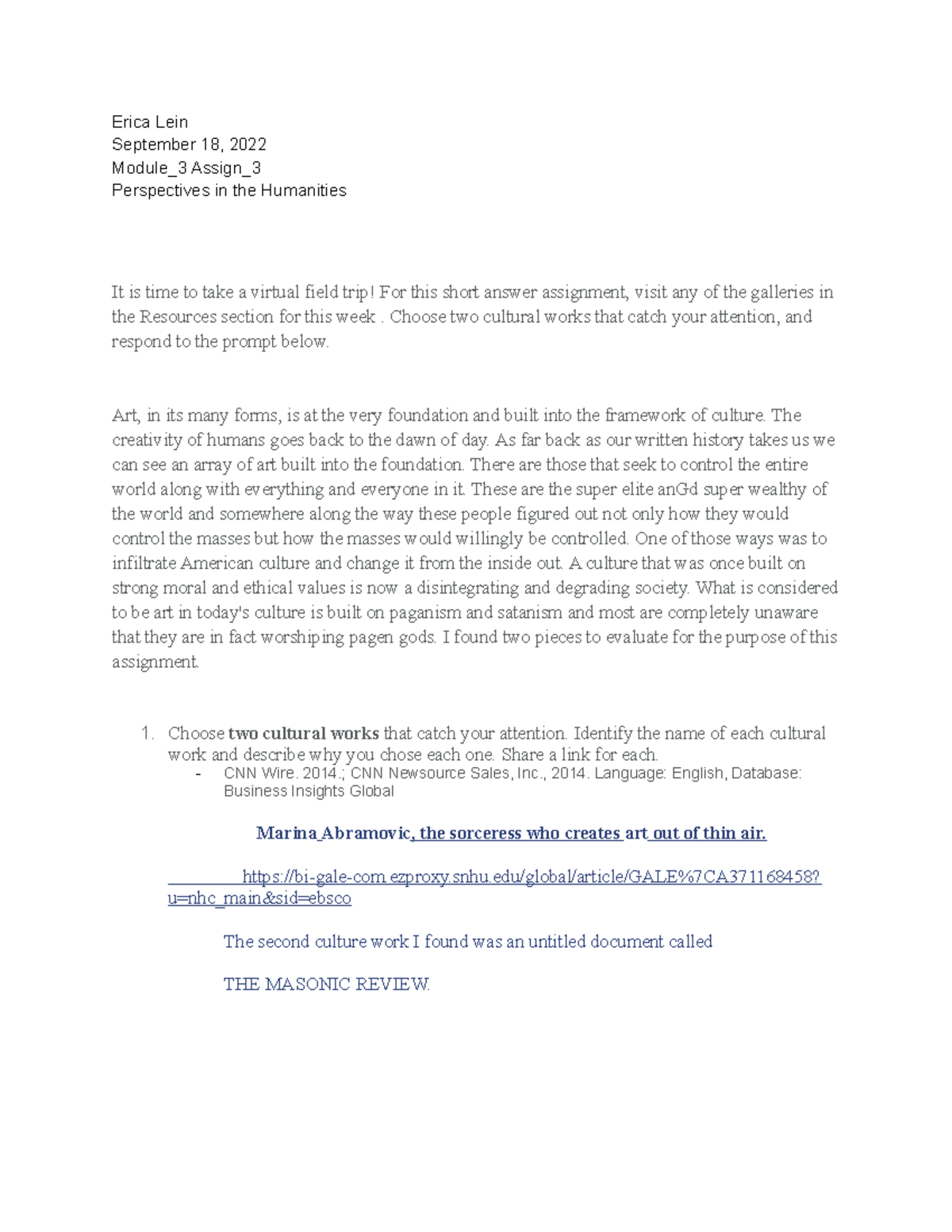 Lein Module 3 Assign 3Perspectivesin Humanities - Erica Lein September ...