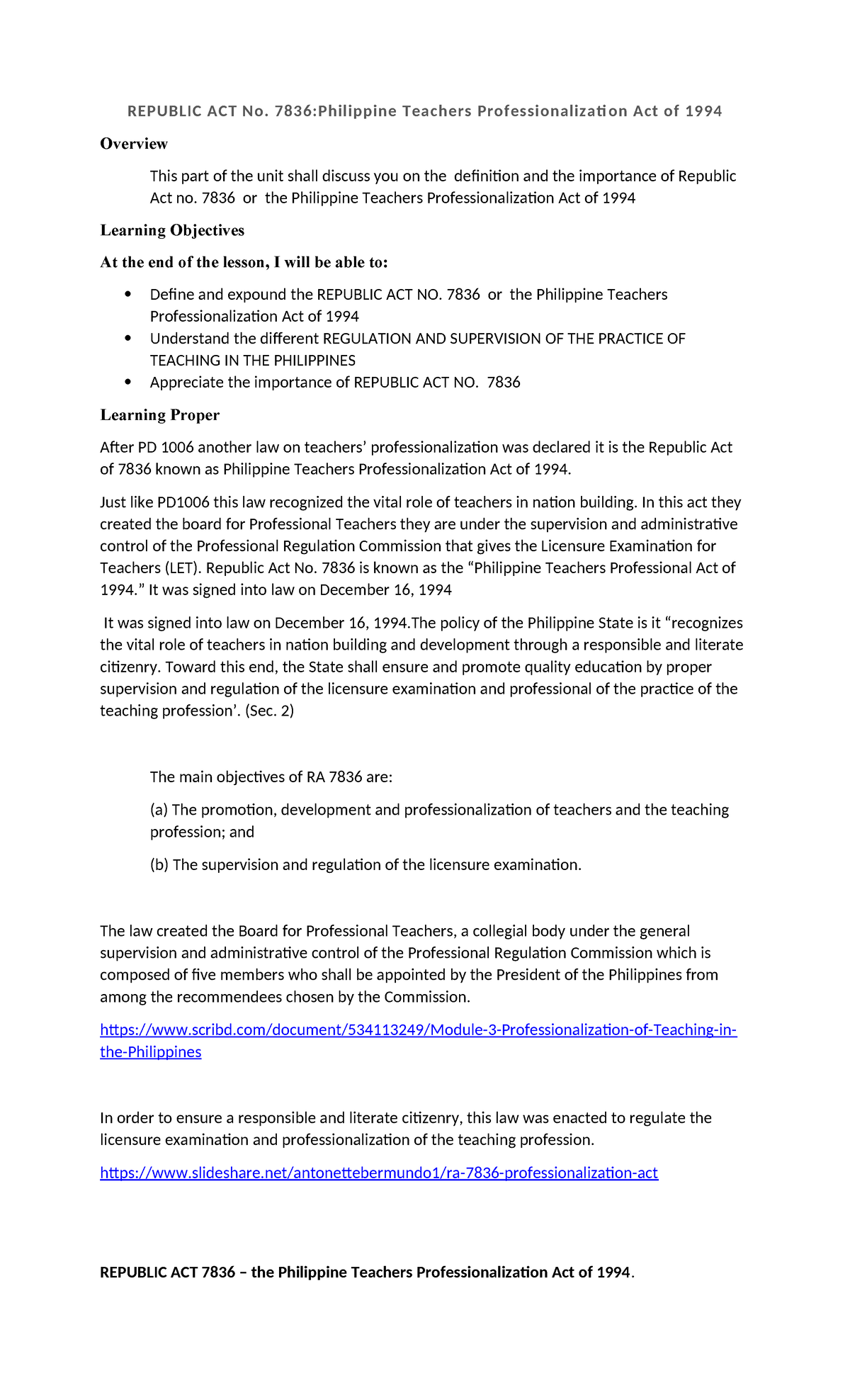 Republic-ACT-NO.7836 - REPUBLIC ACT No. 7836:Philippine Teachers ...