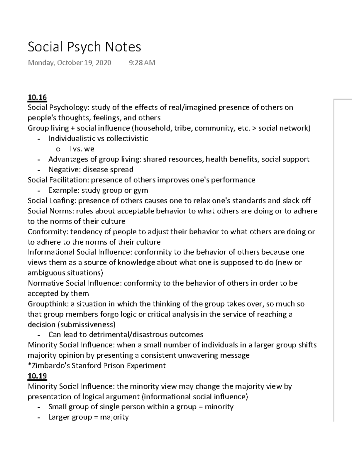Chapter 10 Social Psych Notes - 10. Social Psychology: study of the ...