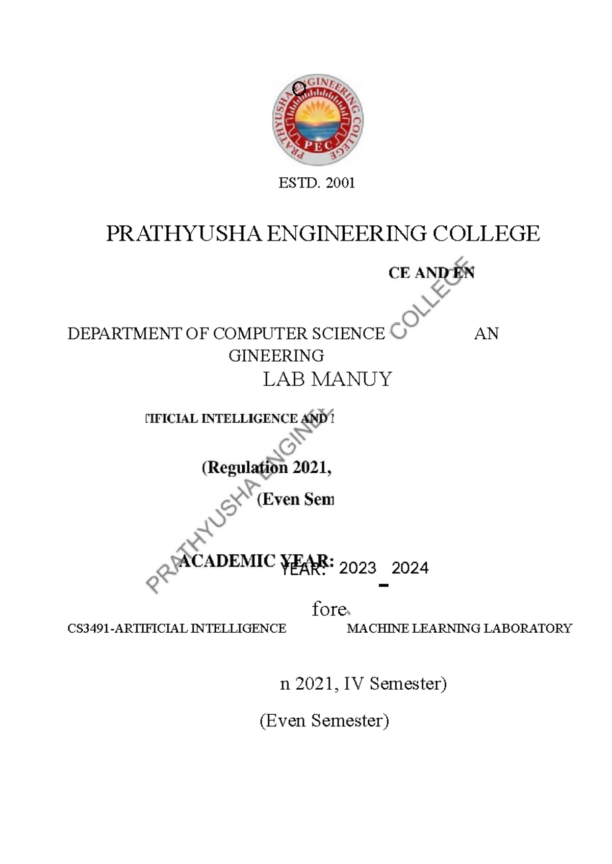 Aiml Lab Manual Estd 2001 Prathyusha Engineering College Department Of Computer Science An