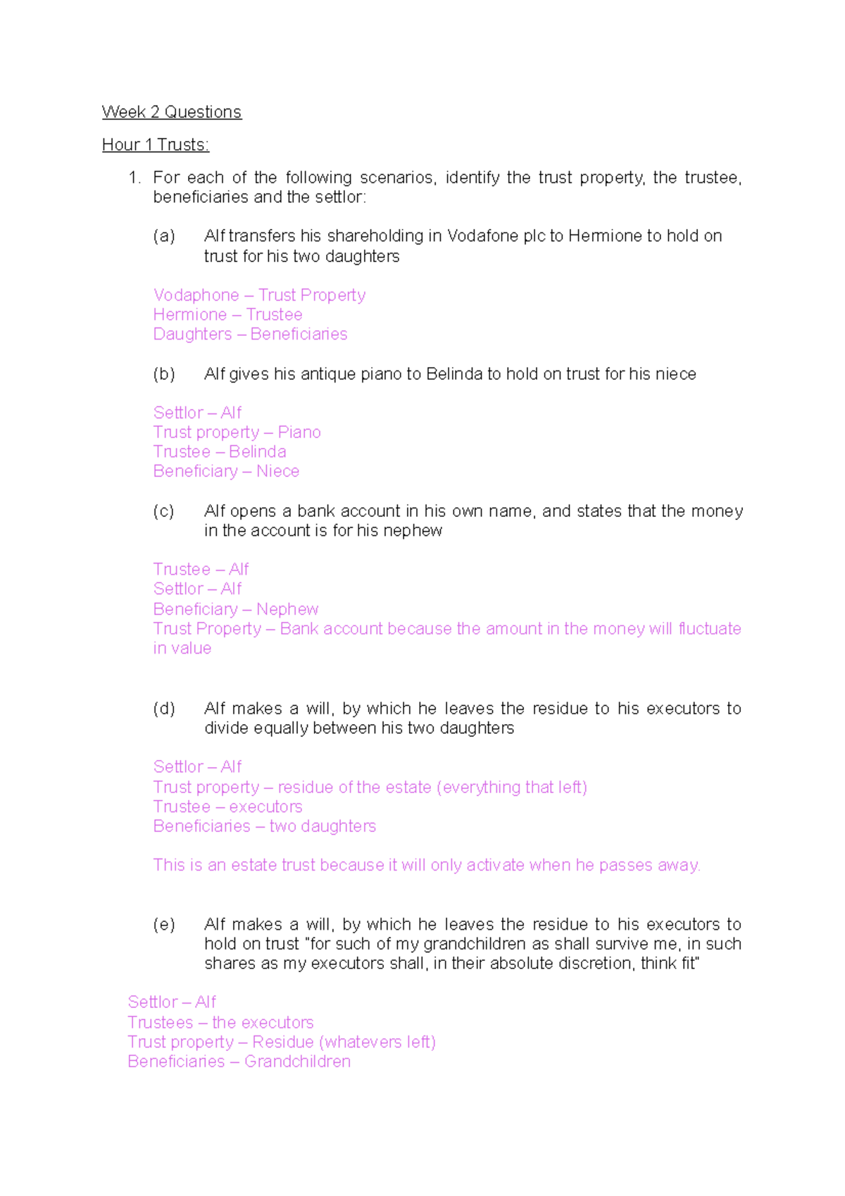 Seminar 2 - trust - Week 2 Questions Hour 1 Trusts: For each of the ...