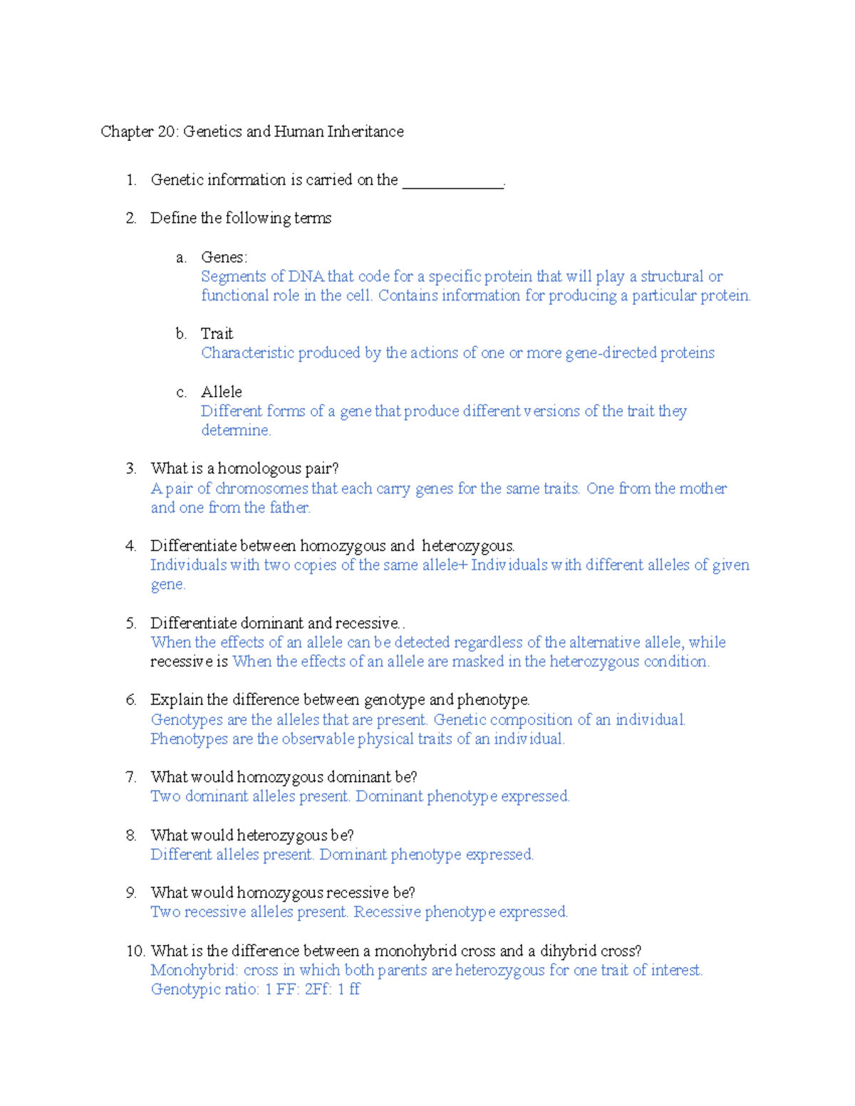 Chapter 20- Terminologies Worksheet Key - Chapter 20: Genetics and ...