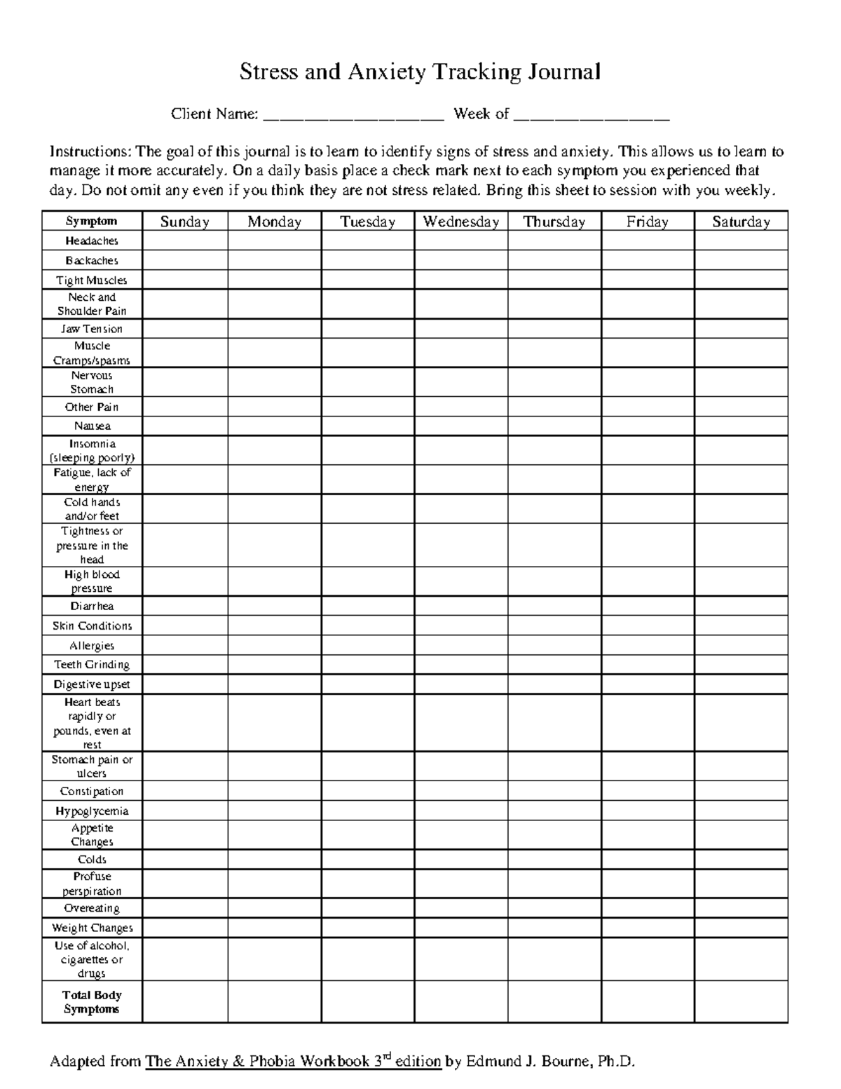 Stress and Anxiety Symptom Tracking - Adapted from The Anxiety & Phobia ...