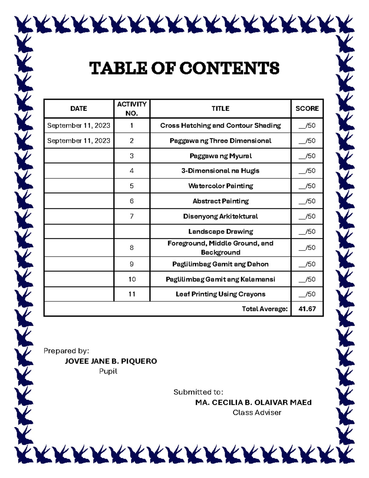 Table OF Contents - Hope this helps! - TABLE OF CONTENTS DATE ACTIVITY ...