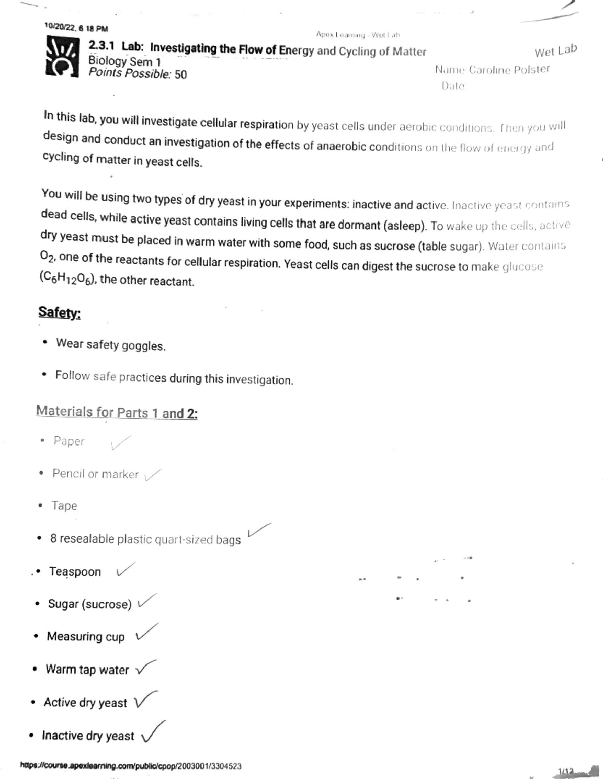 Biology Lab 2.3 - fhfhhfh - a 10/20/22, 6 18 PM Apex | gaining - Wel ...