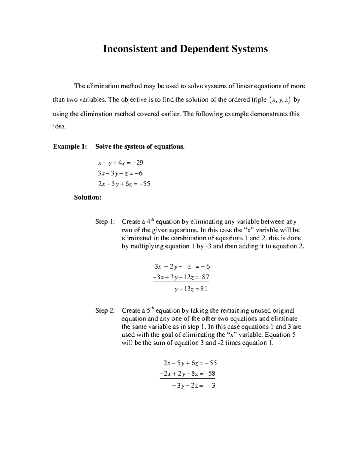 Math II - Good - Inconsistent and Dependent Systems The elimination ...