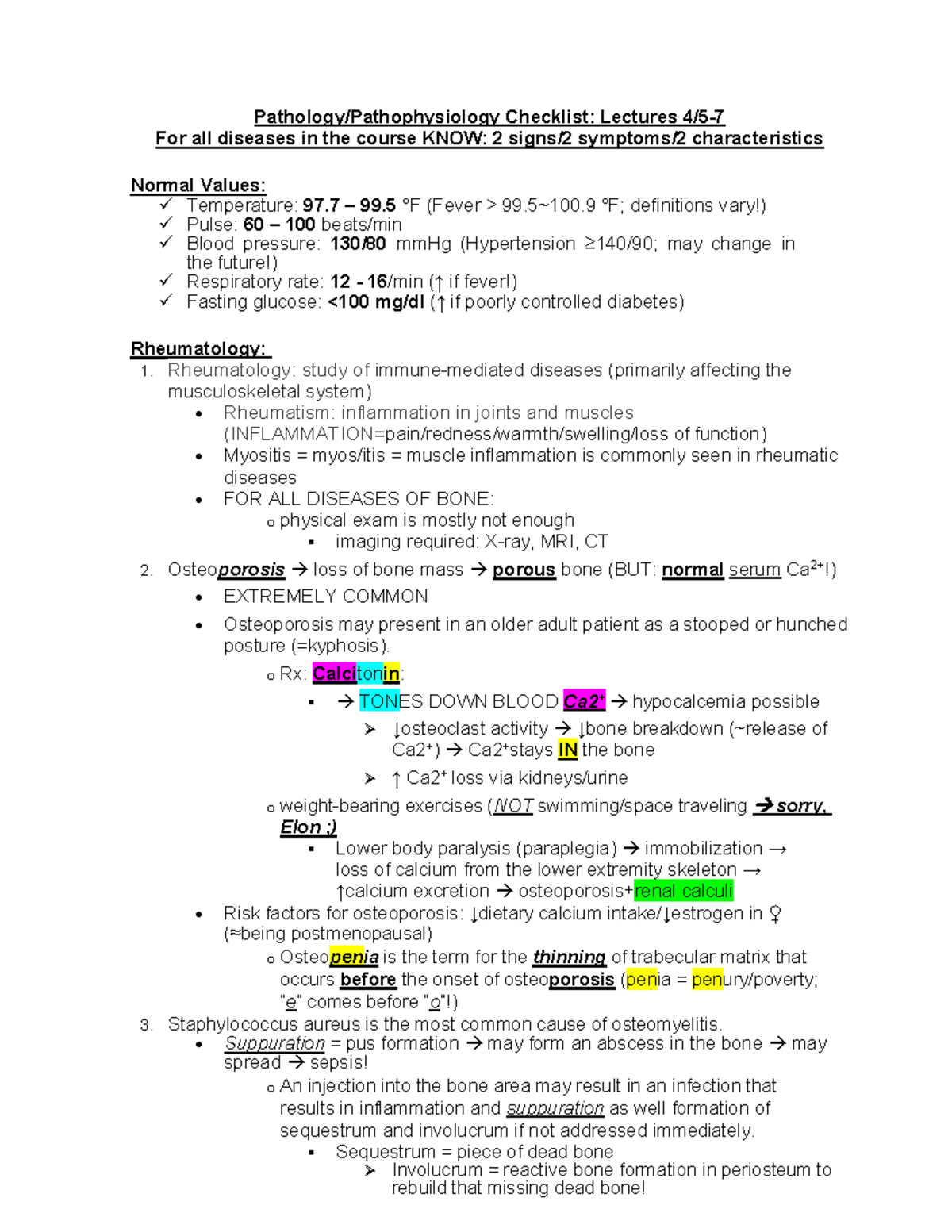 Pathology Lecture Notes Checklist - Lectures 4-8-1 - Pathology ...