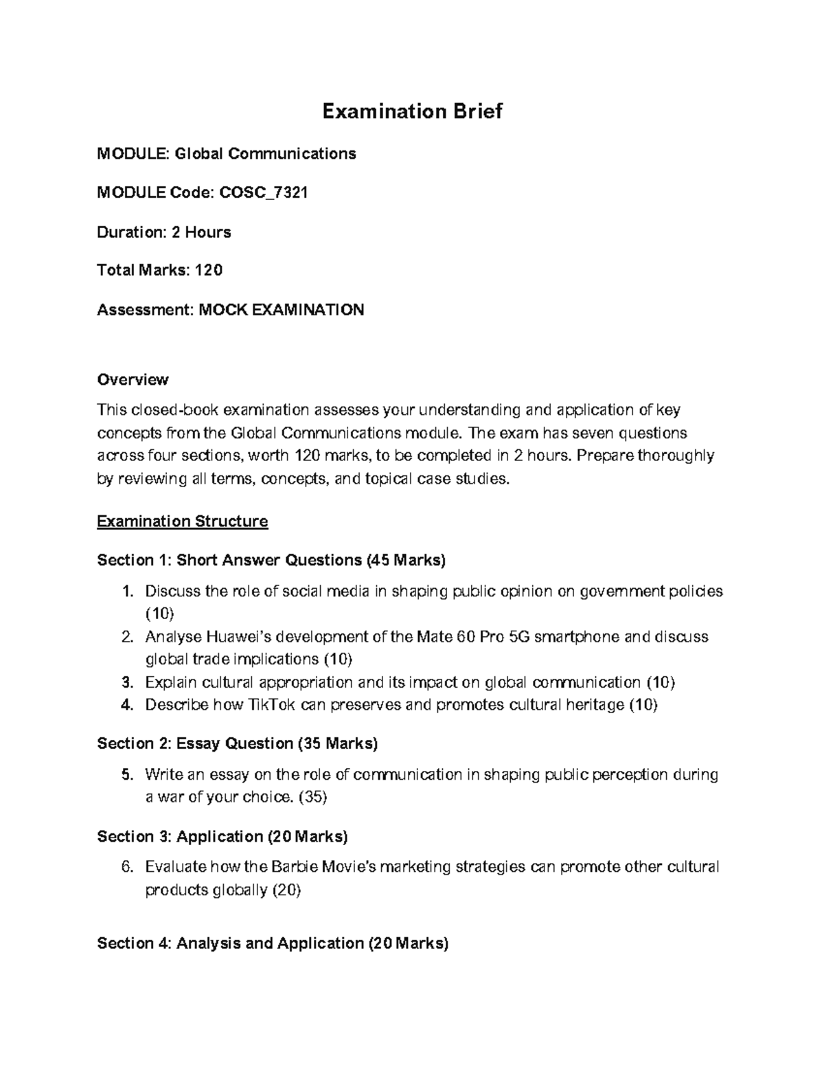 COSC 7321 MOCK Examination Brief student version - Examination Brief ...