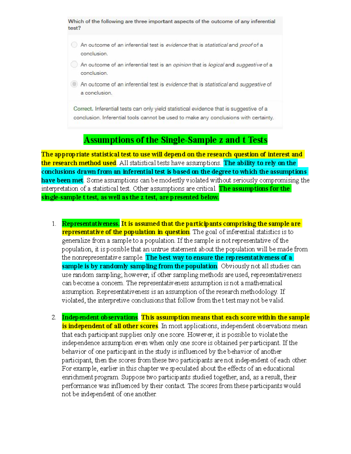 PSY260 Chapter three notes part 2 - Assumptions of the Single-Sample z ...