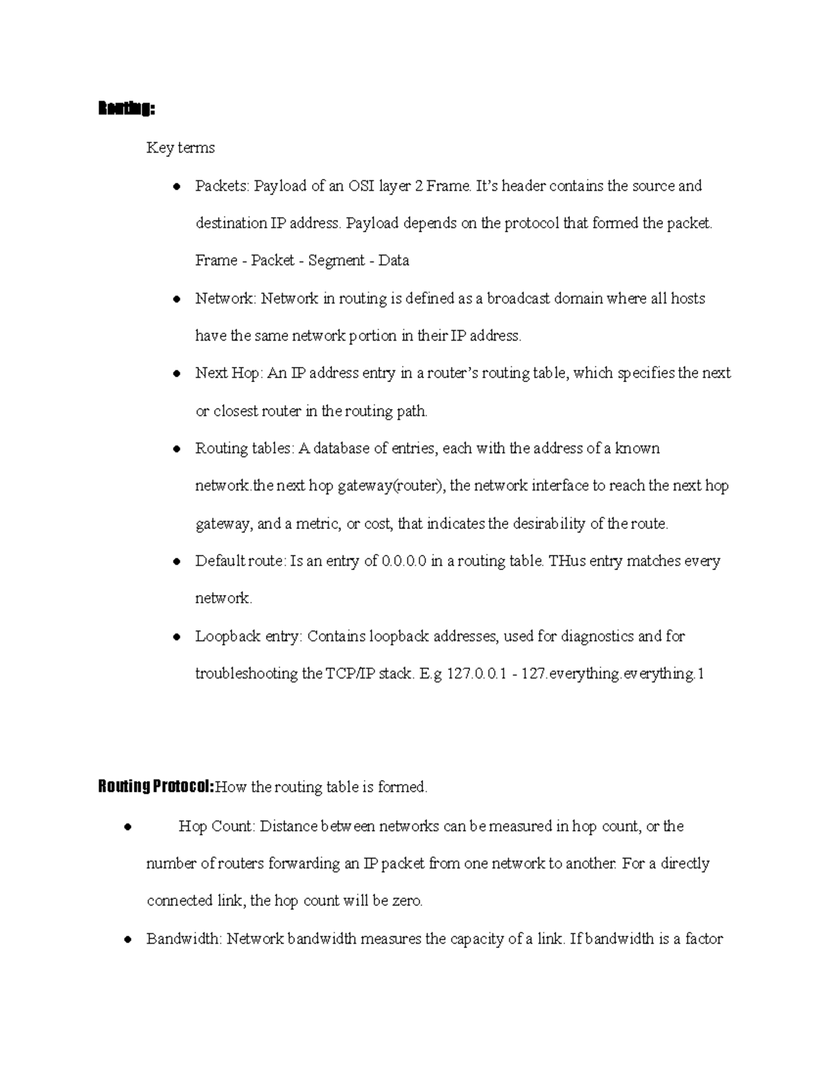 Routing - Notes on subnetting - Routing: Key terms Packets: Payload of ...