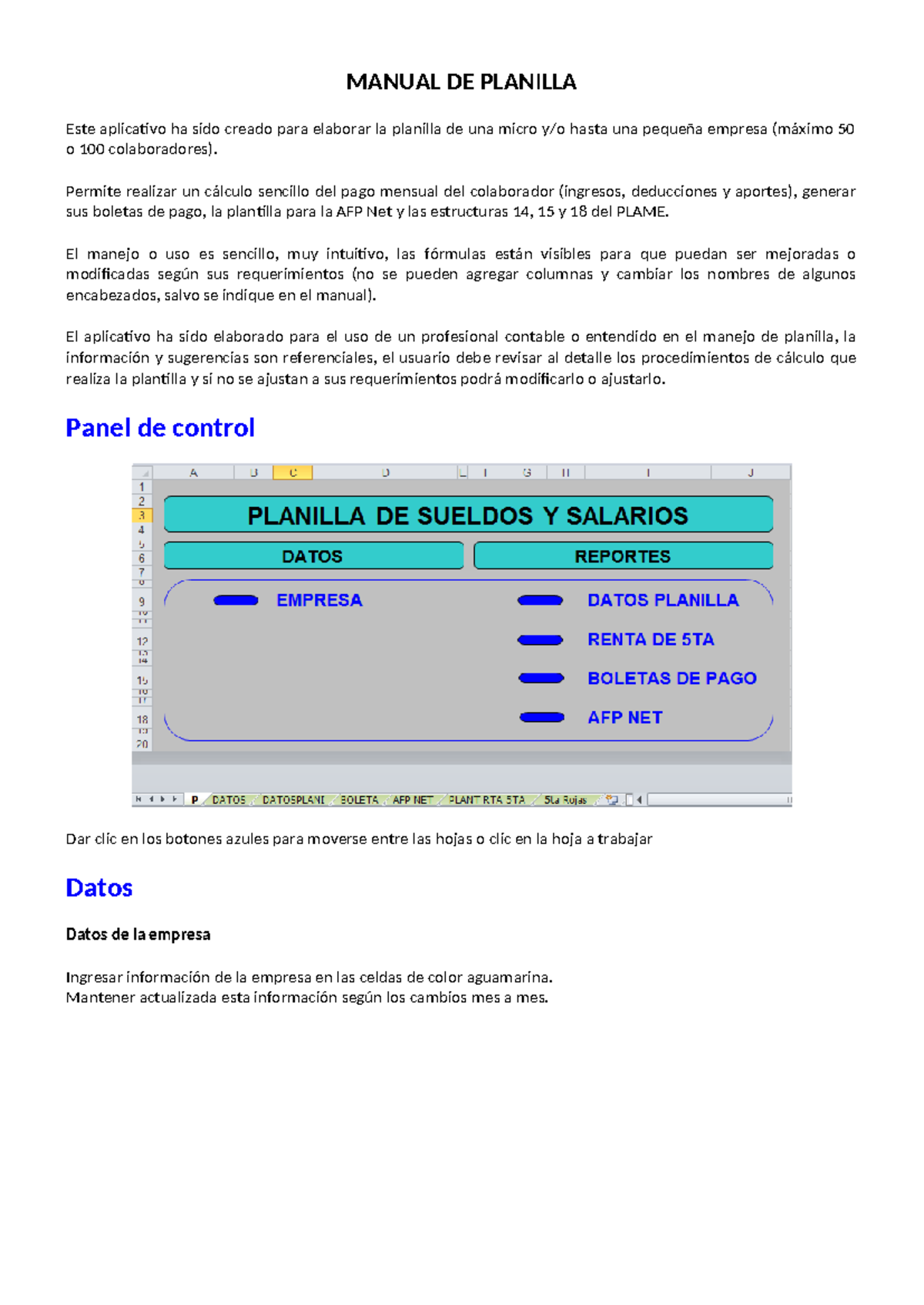 Manual DE Planilla 2023 - MANUAL DE PLANILLA Este aplicativo ha sido creado para elaborar la ...
