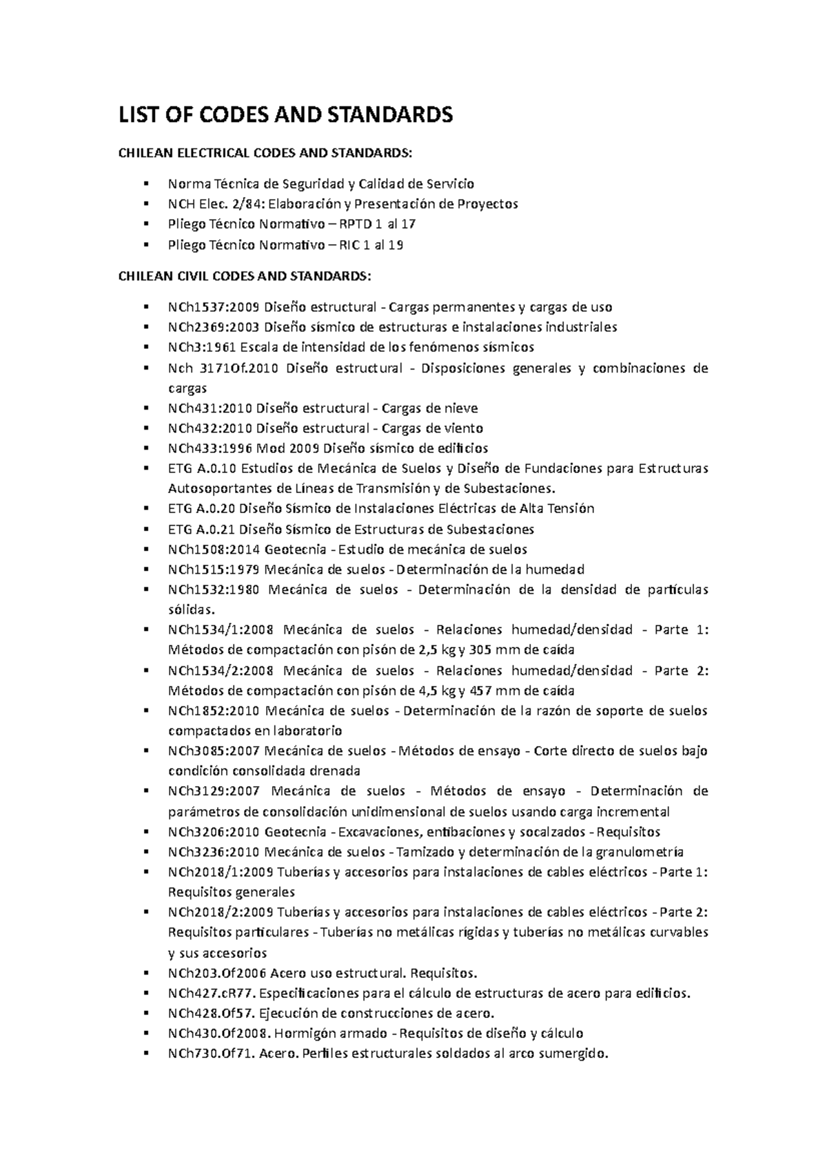 LIST OF Codes AND Standards - LIST OF CODES AND STANDARDS CHILEAN ...