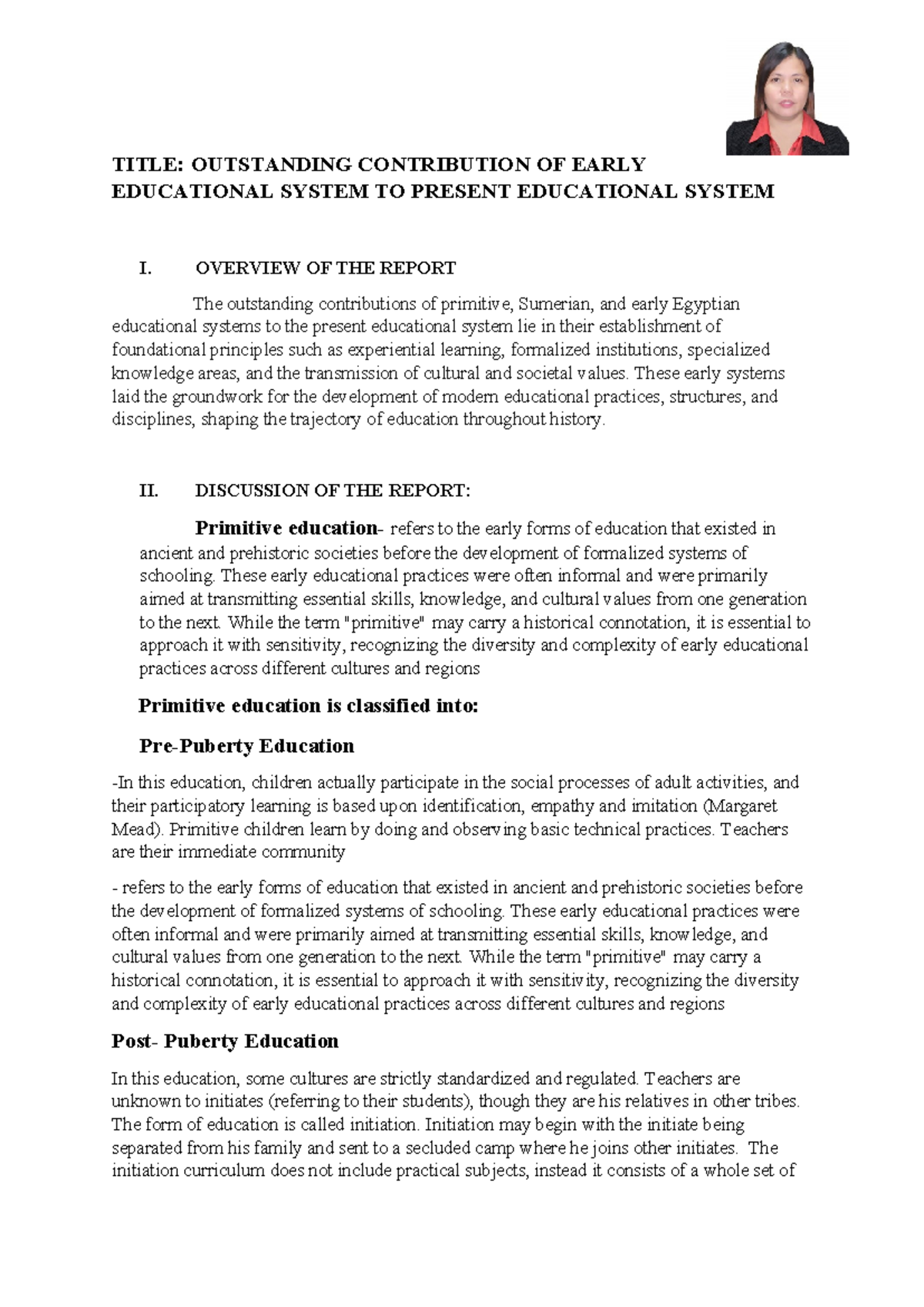 Report And Reaction Paper - TITLE: OUTSTANDING CONTRIBUTION OF EARLY ...