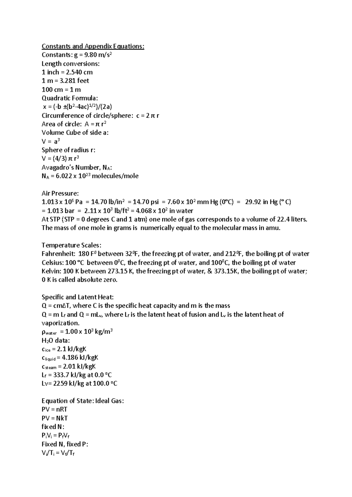 Equations-Exam-Two-2023 - Constants and Appendix Equations: Constants: g = 9 m/s 2 Length - Studocu
